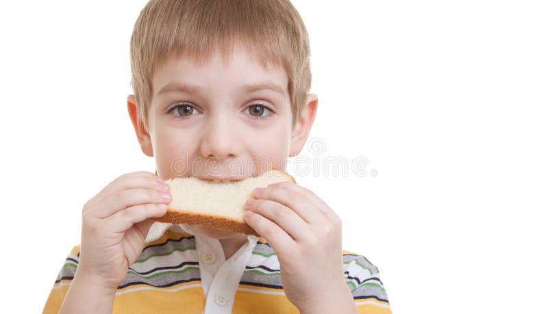 Boy Standing with Piece of Bread Stock Image - Image of lunch, bite ...