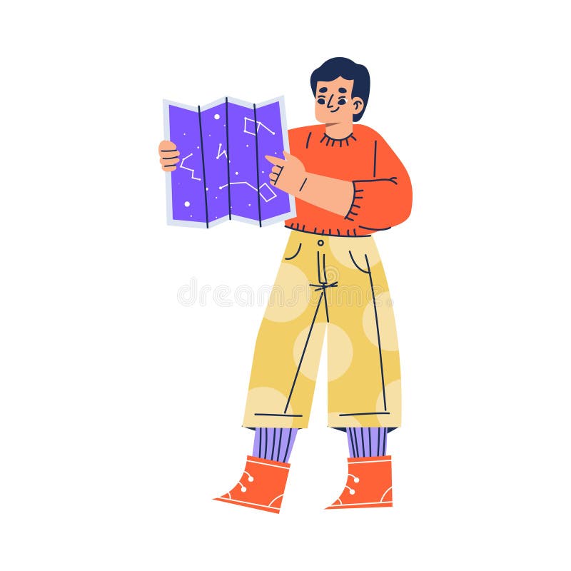 Boy Standing with Planet Map Exploring Space and Galaxy Vector ...