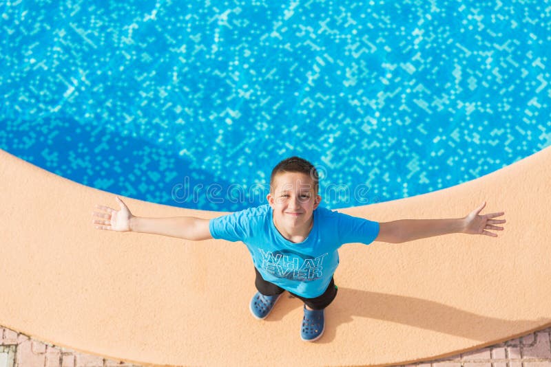 Happy Man Enjoying Vacation Standing Pool Water Top View Stock Photos ...