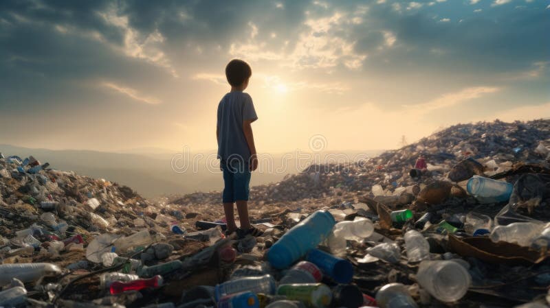 A Young Boy Standing on a Mound of Garbage Stock Illustration ...