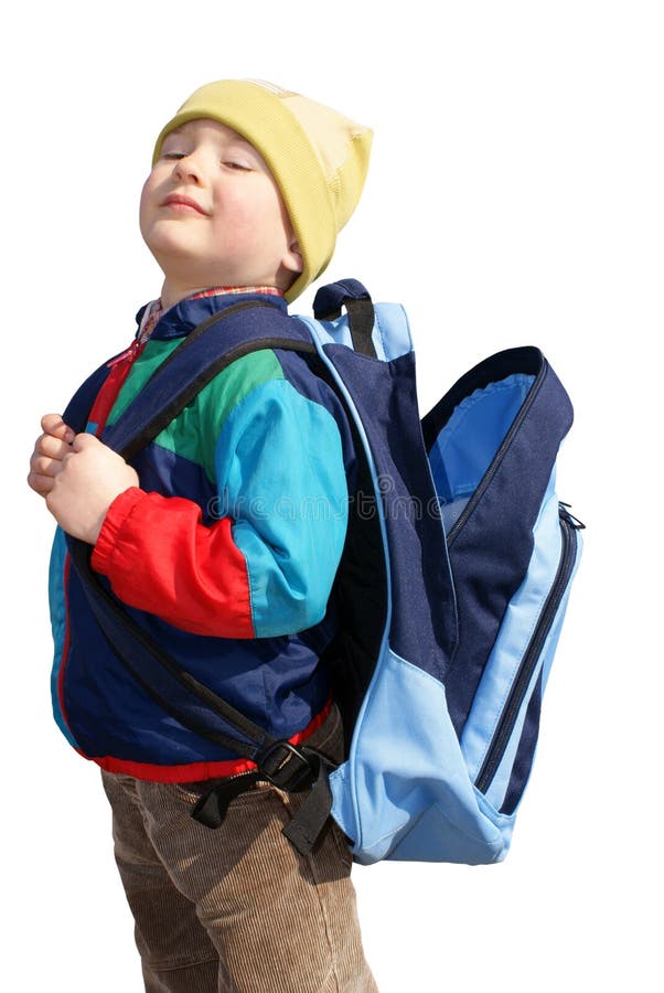 The Boy Stands Proudly With Open Backpack, Insulat Stock Image - Image ...