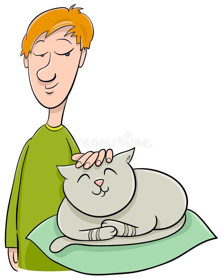 Boy strokes cat cartoon stock vector. Illustration of owner - 83668163