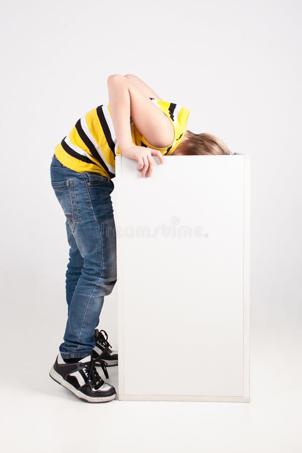 Boy Stuck His Head in a Box Stock Image - Image of poster, leans: 46271447