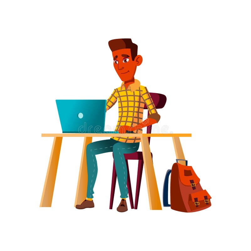 Boy Student Preparing for Test on Laptop Cartoon Vector Stock ...