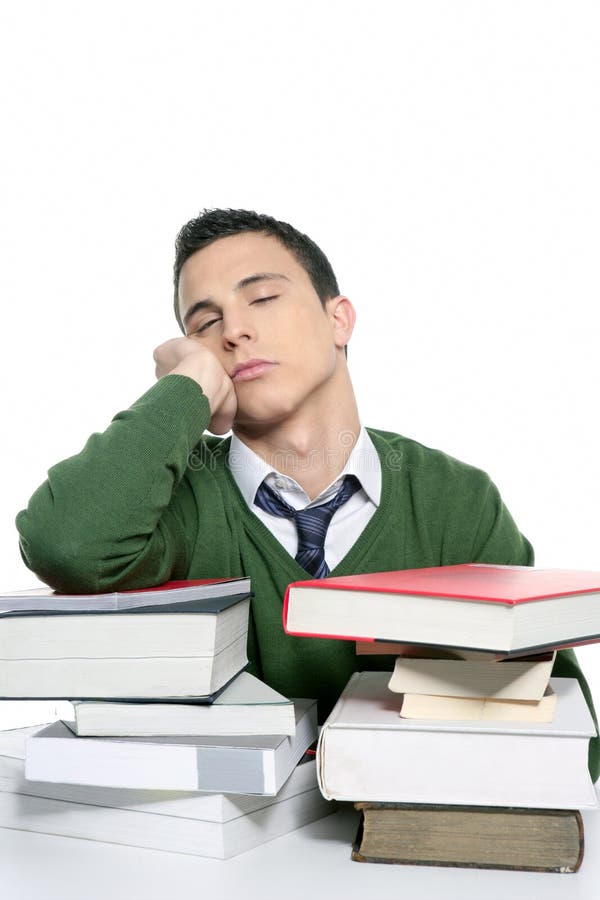 Boy Student Sleeping Over Stack Books Over Desk Stock Image - Image of ...