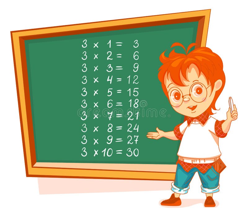Boy Student Write Multiplication Table 3 on Chalkboard. Math Lesson ...