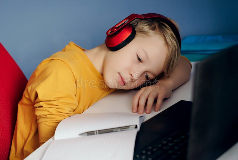 Boy Studies at Home. Distance Learning, Online Learning Stock Image ...