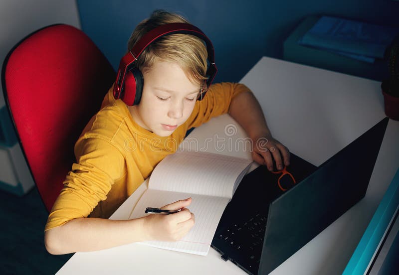 Boy Studies at Home. Distance Learning, Online Learning Stock Image ...