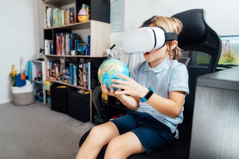 Boy Studies Space with Help of Technology and App. Kid in Virtual ...