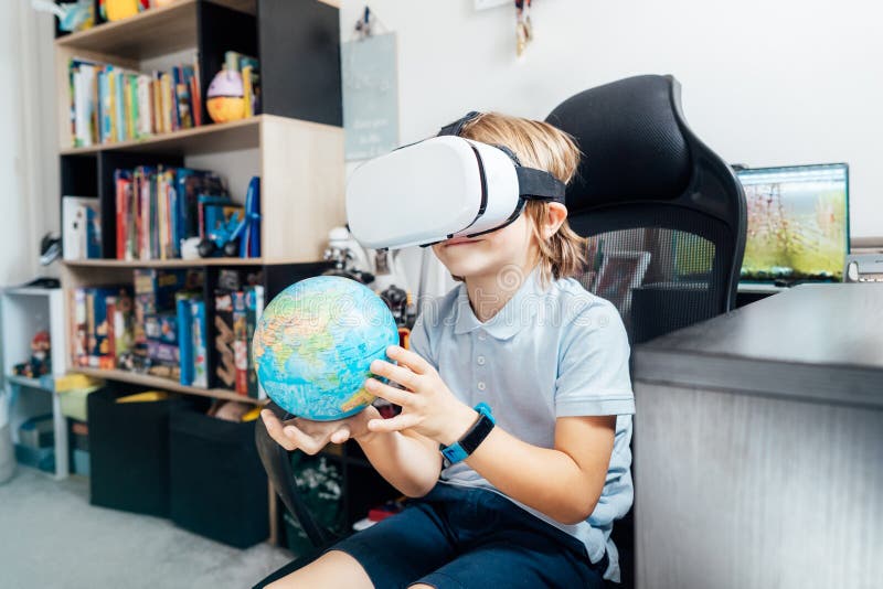 Boy Studies Space with Help of Technology and App. Kid in Virtual ...