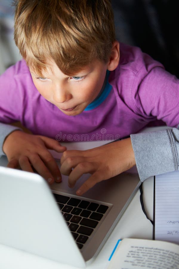 Boy Using Laptop while Studying in Living Room at Home Stock Image ...