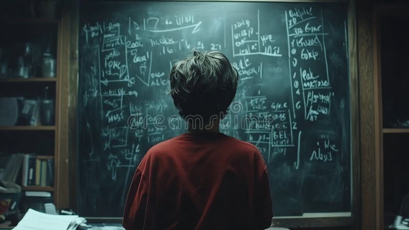 Boy Studying Complex Equations on a Chalkboard Stock Illustration ...