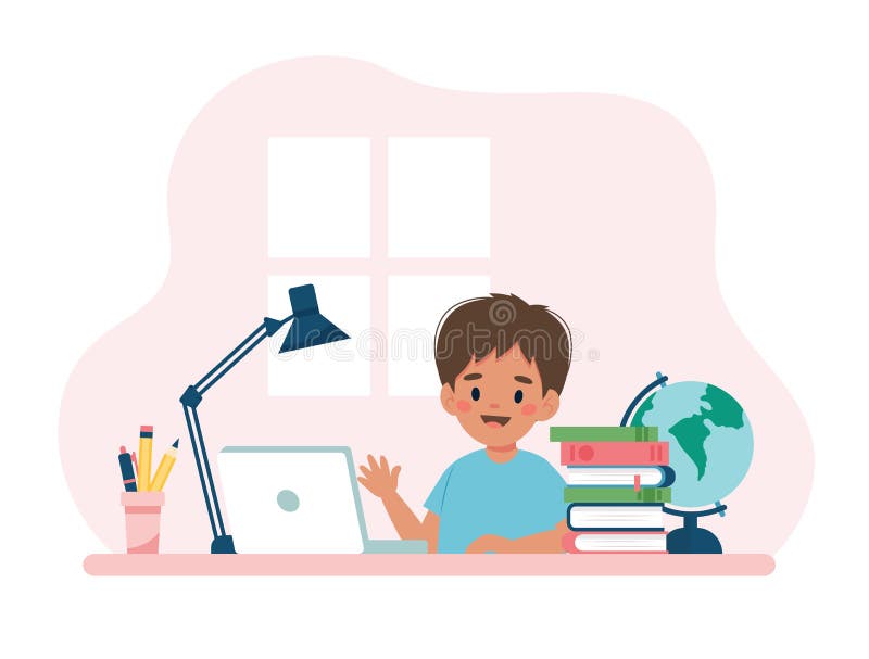 Boy Studying with Computer and Books. Vector Illustration Concept in ...