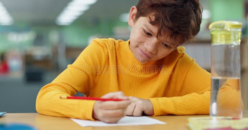 Boy, Studying and Happy in Library at School with Notebook for Writing ...