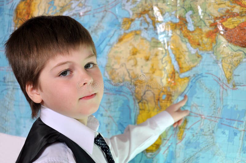 The Boy is Studying Map of the World Stock Photo - Image of child ...