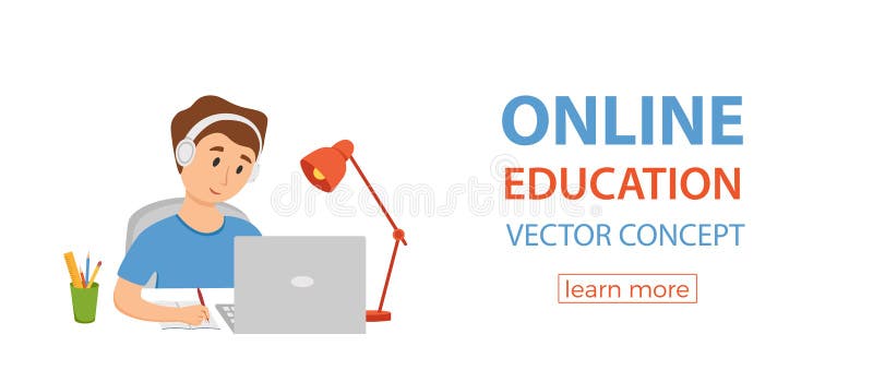 Boy Studying Online Education at Home Cartoon Vector Illustration ...