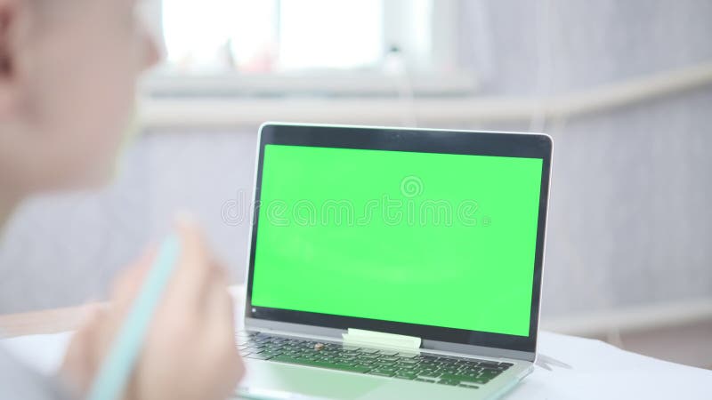 Boy Studying Online at Mockup Laptop at Home. Student Doing Homework. E ...