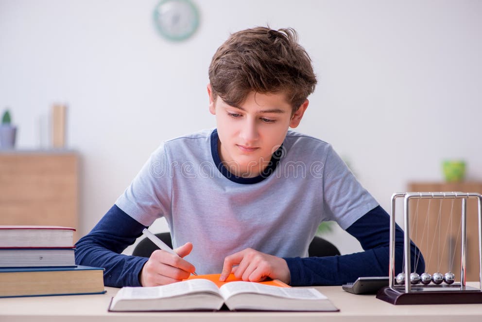 Schoolboy Studying Physics at Home Stock Image - Image of homework ...
