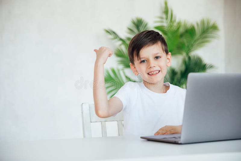 Boy Studying Playing on Laptop Online at Desk in Office Stock Photo ...