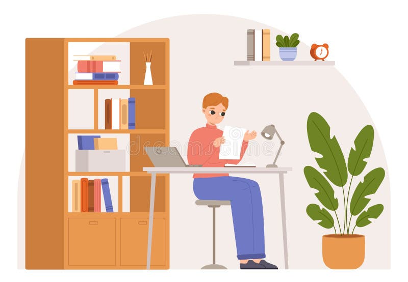 Boy Studying Process. School or College Student Doing Homework, Reading ...