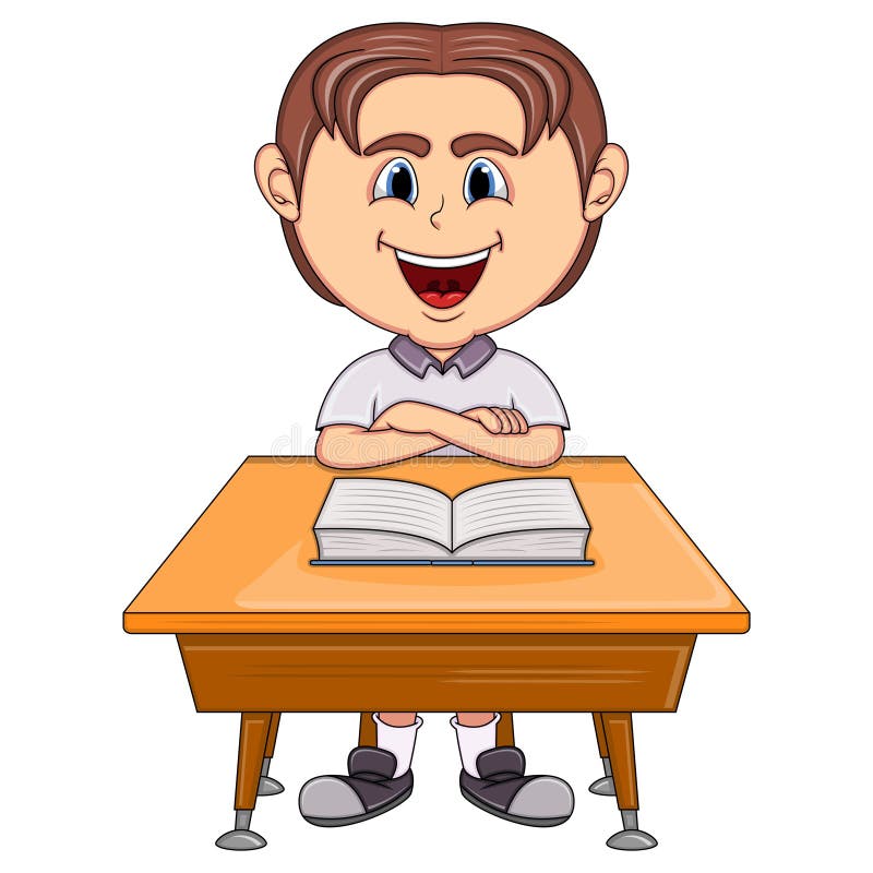 Boy Studying with School Table Cartoon Stock Vector - Illustration of ...