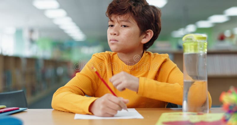Boy, Studying and Thinking for Math at Library in School with Notebook ...