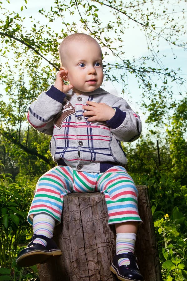 Boy on stump stock photo. Image of outdoor, looking, family - 31447282