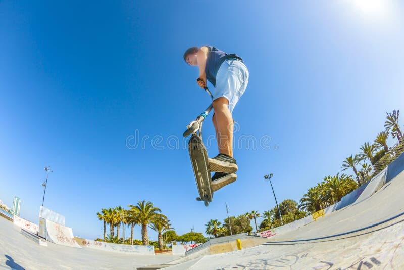 Stunt Scooter Rider Gets Air Off Stock Photo - Image of athletic ...