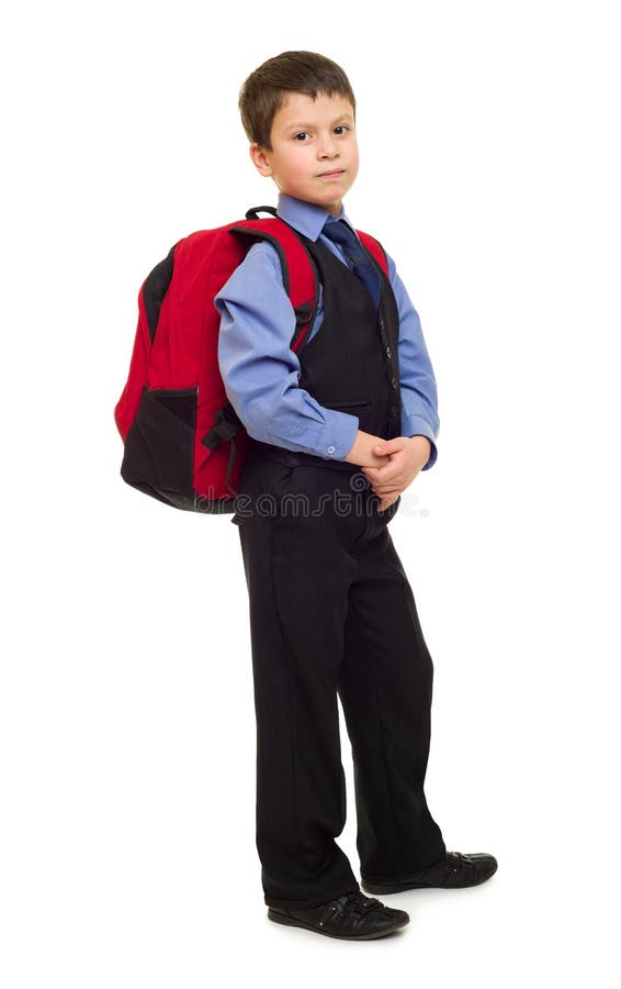 Boy in suit with backpack stock image. Image of length - 48200189