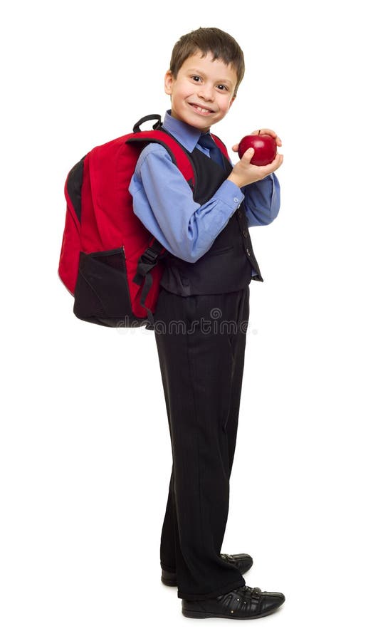 Boy in suit with backpack stock image. Image of apple - 48200303