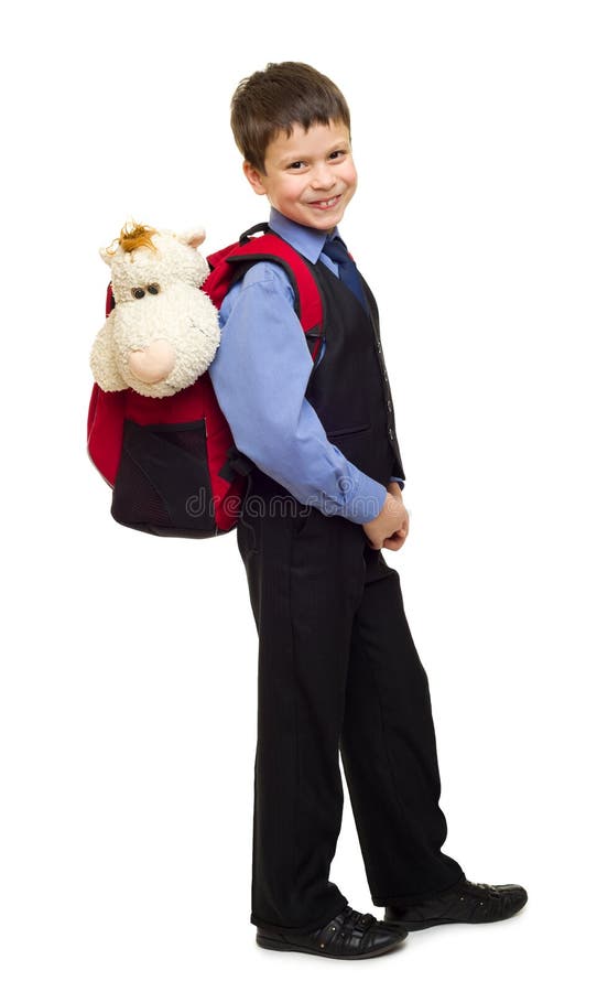 Boy in suit with backpack stock photo. Image of posing - 48200370