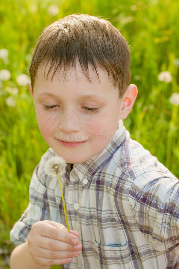 Boy on Summer Nature with Dandelions Stock Image - Image of people ...
