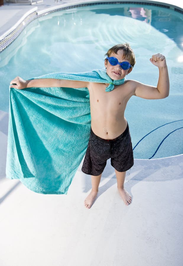 Boy Superhero Protecting the Pool Stock Image - Image of pretend, alone ...