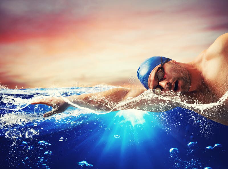 Boy Swims in a Blue Deep Water Stock Photo - Image of dive, energy ...