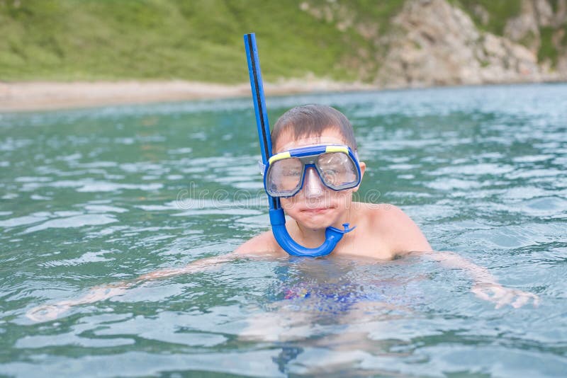 Boy Swims in Sea a Mask for Scuba Diving. Stock Photo - Image of happy ...