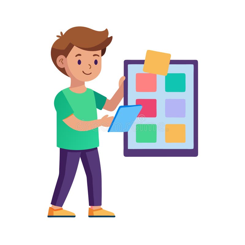 Boy with Tablet Designing UI on Interactive Display Board Stock Vector ...