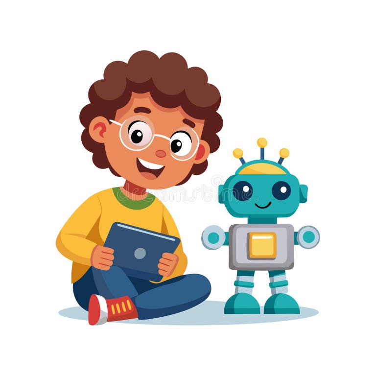 Boy with Tablet and Robot: Learning Programming and Robotics Concept ...