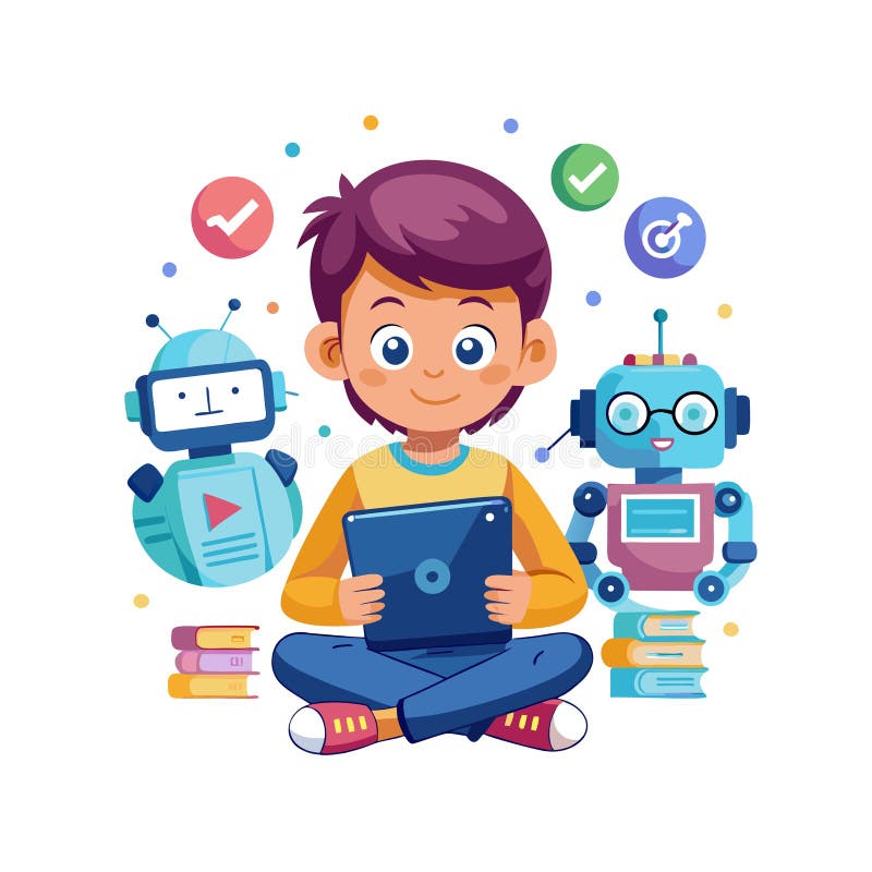 Boy with Tablet and Robots Learning Programming, Coding, and Artificial Intelligence Stock ...