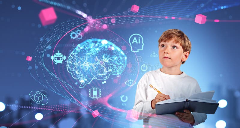 Boy Taking Notes, Digital AI Brain Hologram with Icons and Data Stock ...