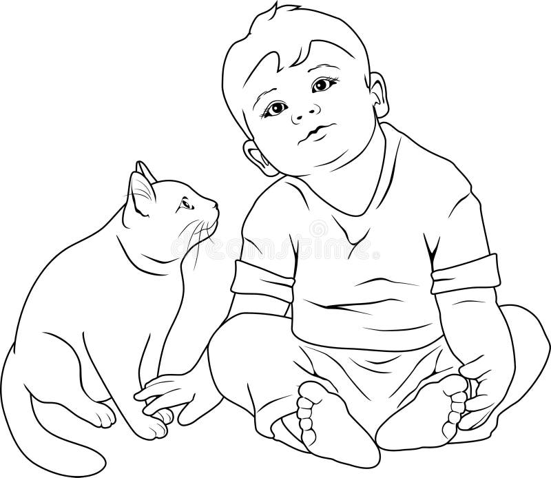 Boy Talking To Cat. Drawing for Coloring Stock Vector - Illustration of ...