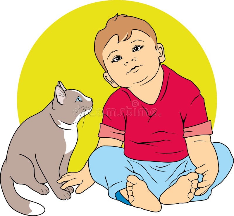 Boy talking to cat stock vector. Illustration of happiness - 375277885