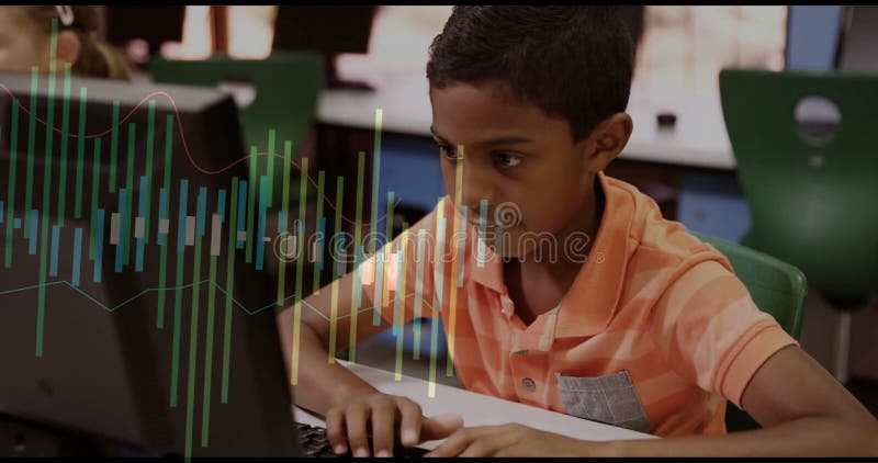Boy Tapping Keyboard and Generating Colored Waveforms Visualizing Audio ...