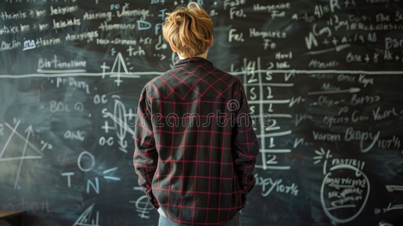 Boy Teenager Stands Against Blackboard in Class, Back of Student ...