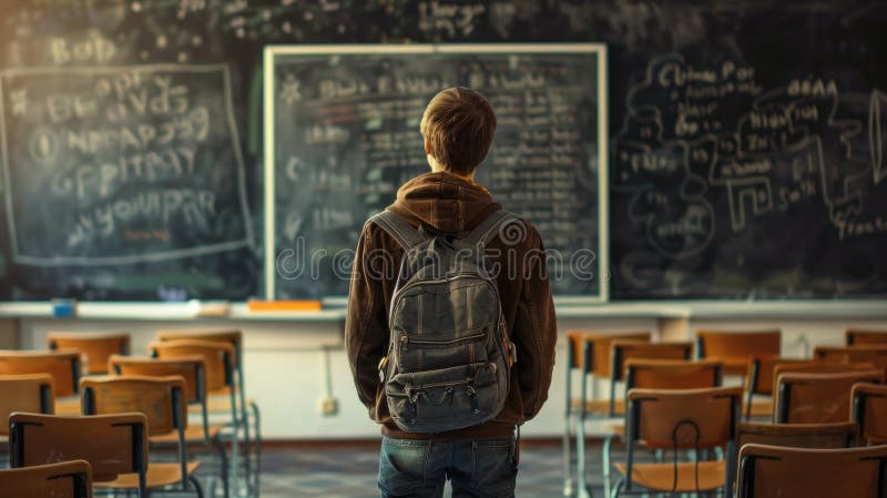 Boy Teenager Stands Against Blackboard in Classroom, Back of Student ...
