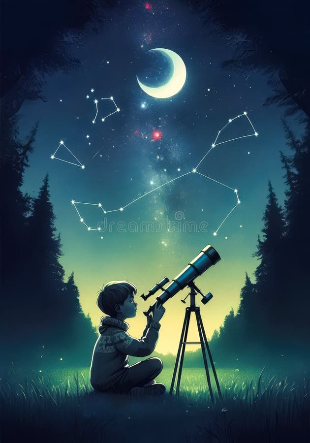 Boy with a Telescope Watching the Sky Illustration, Nature Night Pine ...