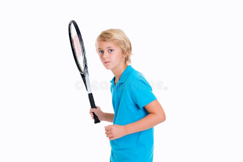 Boy with Tennis Racket in Front of White Background Stock Image - Image ...