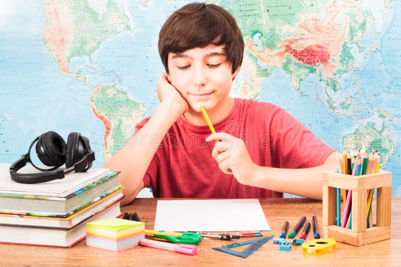 Boy Thinking about His Homework Stock Image - Image of cheerful ...
