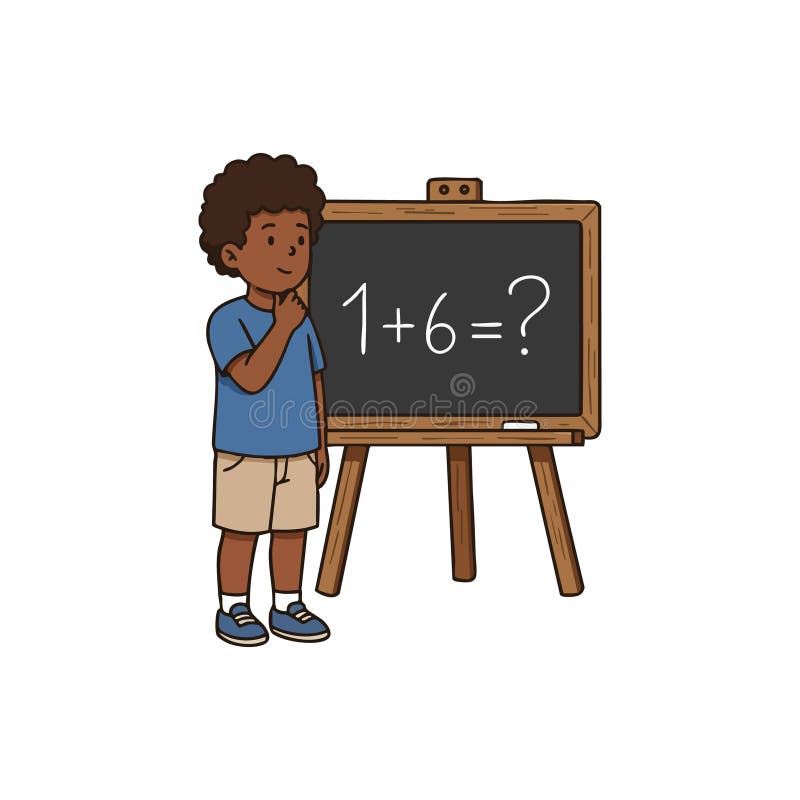 Boy Thinking about Simple Math Addition Problem on Classroom Chalkboard ...