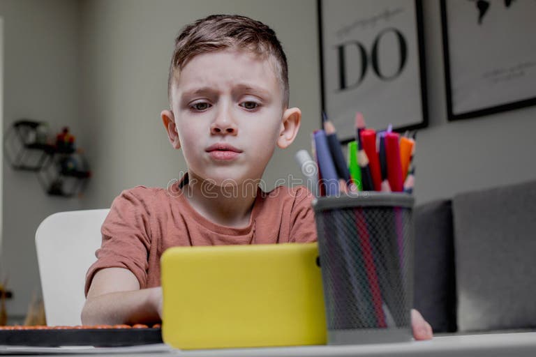 Boy is Thinking about Solving the Problem. Mental Arithmetic Stock ...