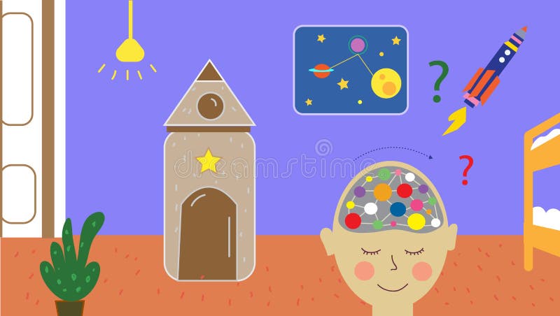 Boy Thinking about Space in His Room and Creating a Rocket Illustration ...